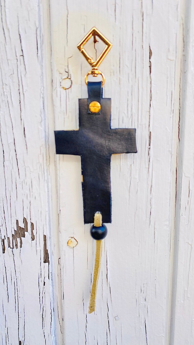 Handmade Black Leather Cross Keychain: Gold Accent - Etsy