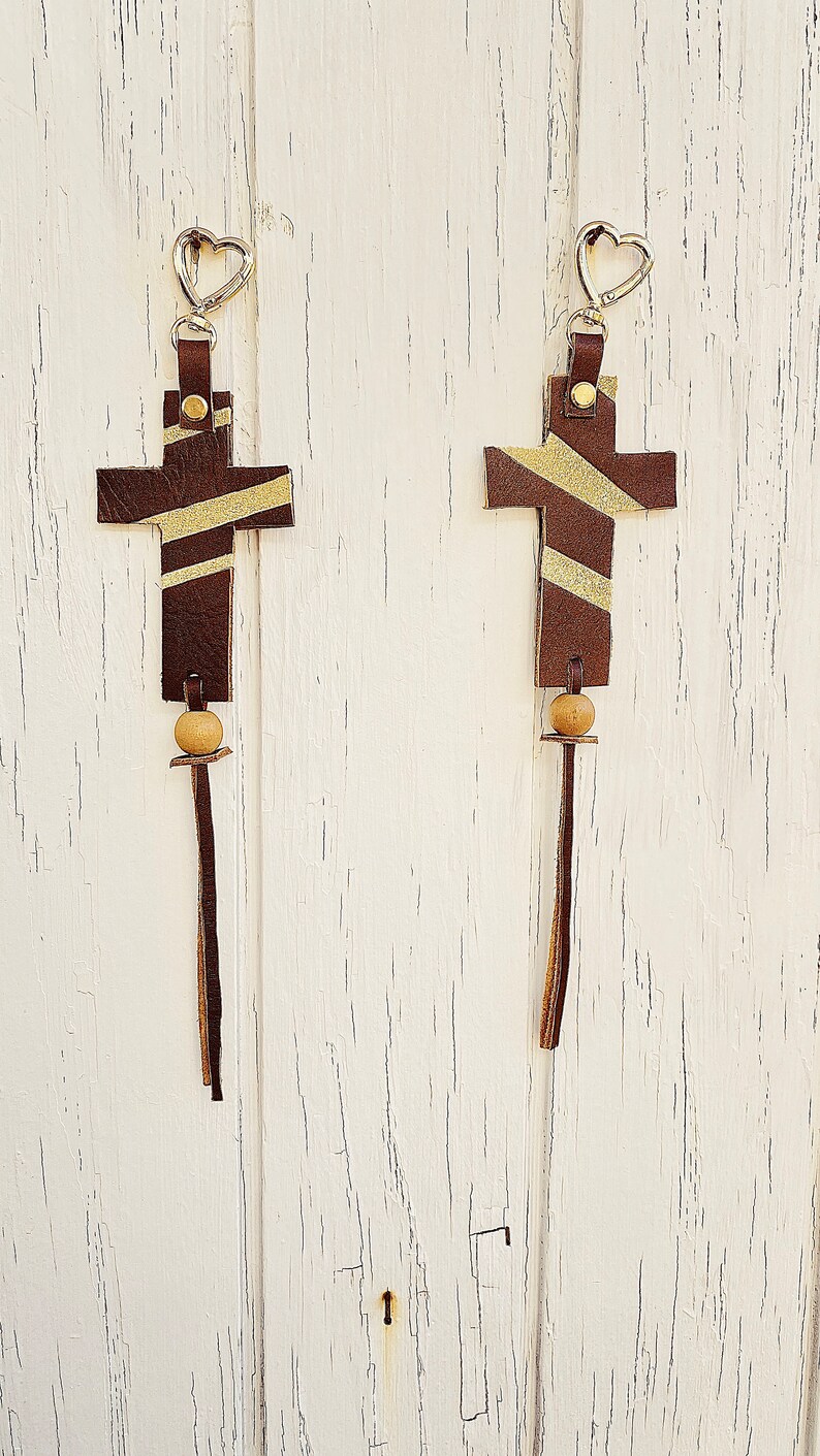Handmade Saddle Leather Cross Keychain: Gold Accent - Etsy