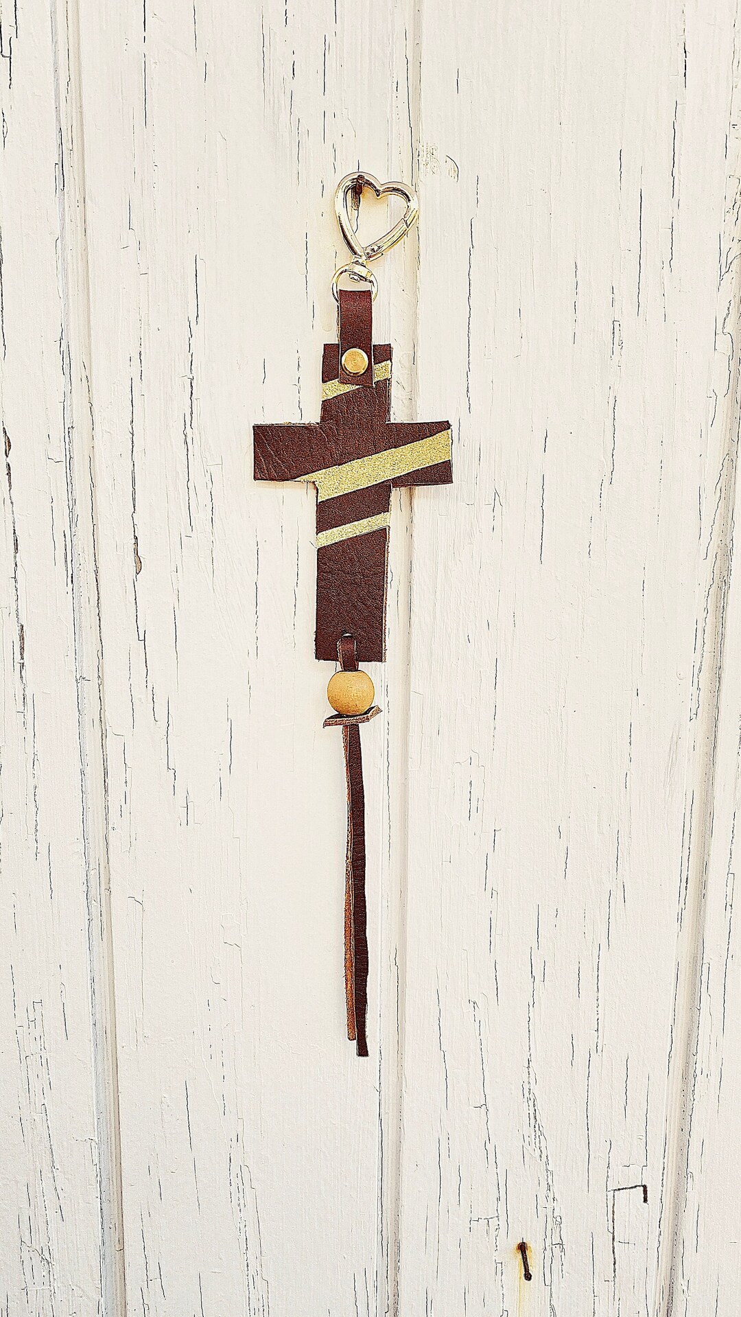 Handmade Saddle Leather Cross Keychain: Gold Accent - Etsy
