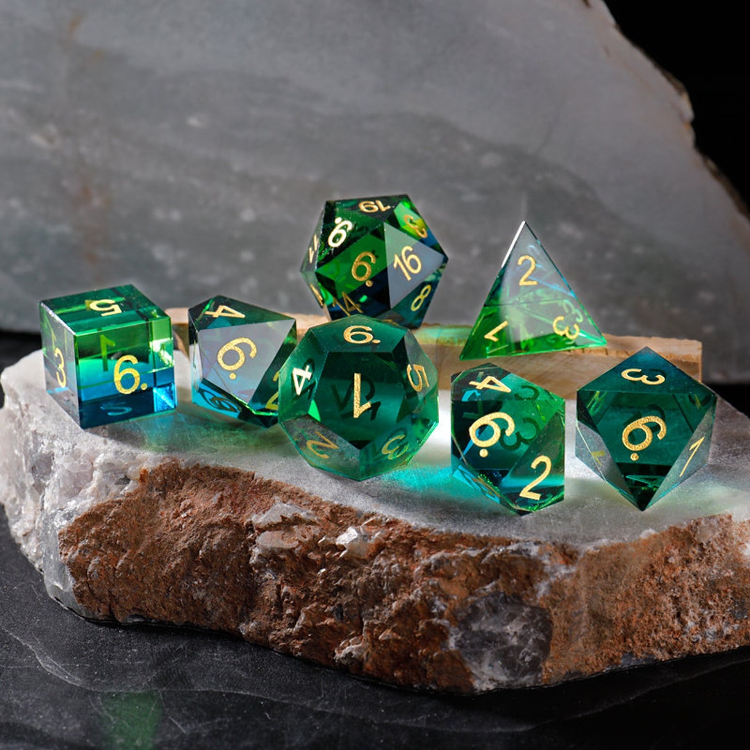 DND Hand Carved Polyhedral Green and Light Purple Zircon Glass Dice Set ...