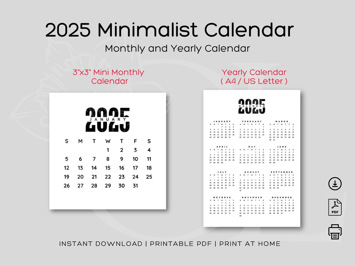 2025 Calendar Printable | Minimalist | 3x3 Monthly + Yearly Calendar ...