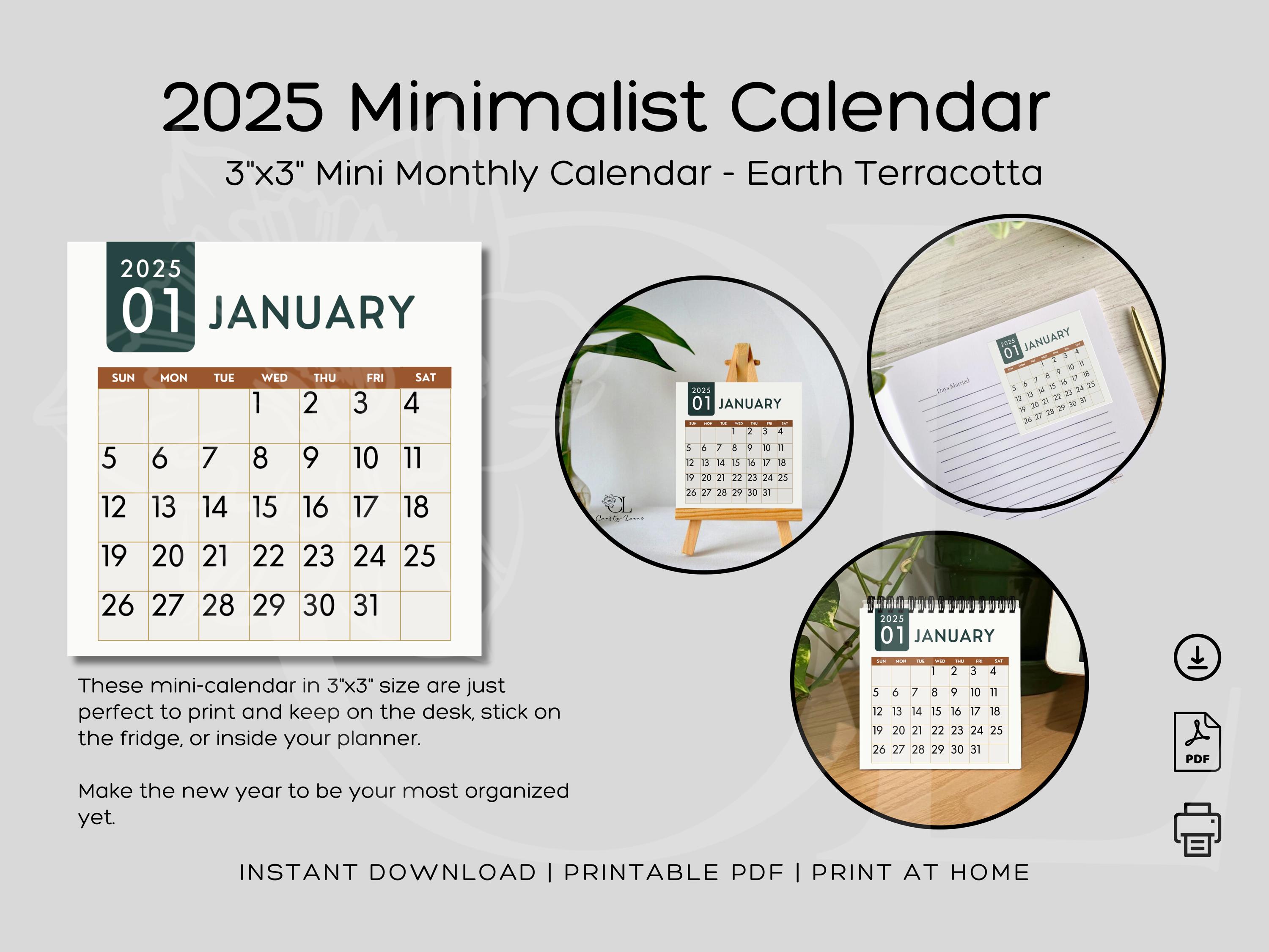 2025 Calendar Printable Earth Terracotta 3x3 Monthly Calendar Desk ...