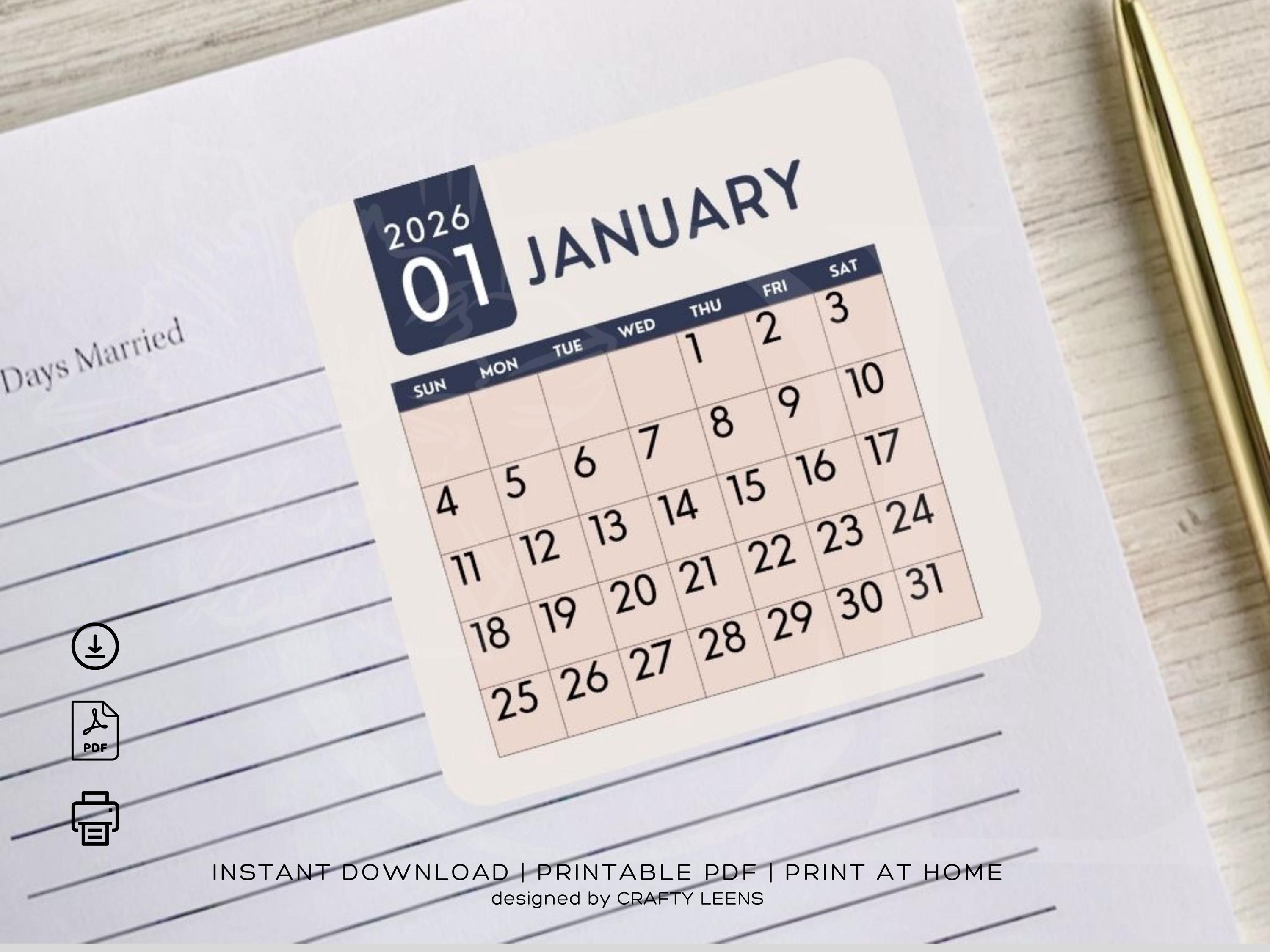 2026 Calendar Printable | Blush | 3x3 Monthly Calendar | Desk / Journal ...