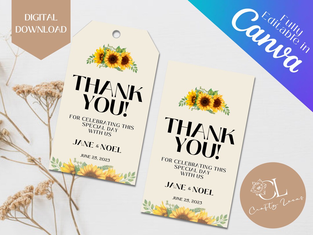 EDITABLE Sunflower Gift Souvenir Tag, Printable Party Favor Tags, Thank ...