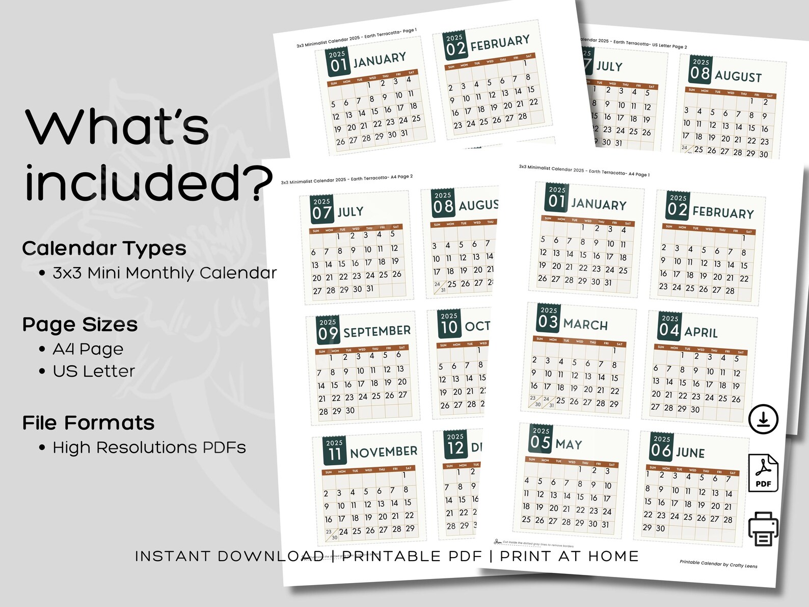 2025 Calendar Printable Earth Terracotta 3x3 Monthly Calendar Desk ...