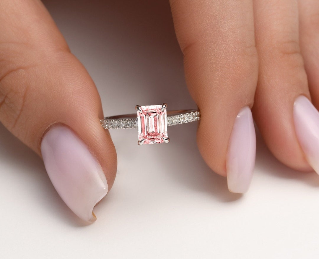 Baby Pink Lab Diamond Emerald Cut Ring for Engagement or Anniversary ...