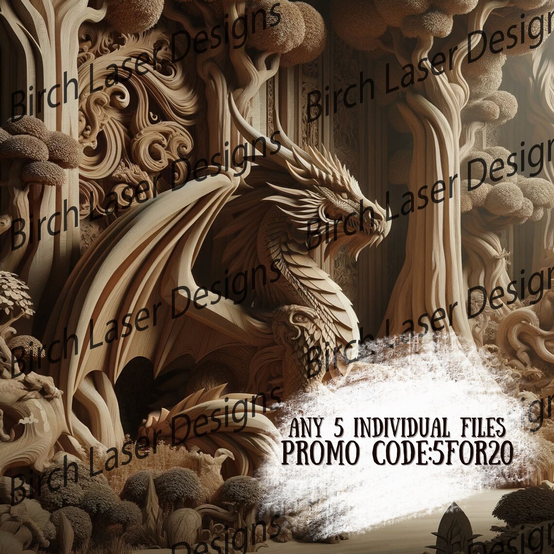 Dragon in a Forest Laser Burn PNG JPG 3D Illusion Engrave Laser Ready ...