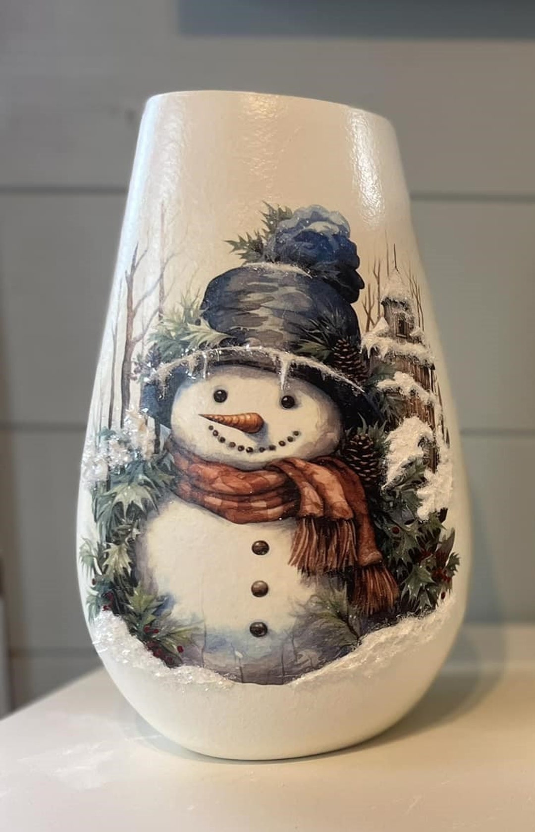 New Decoupage Christmas Snowman Vase - Etsy