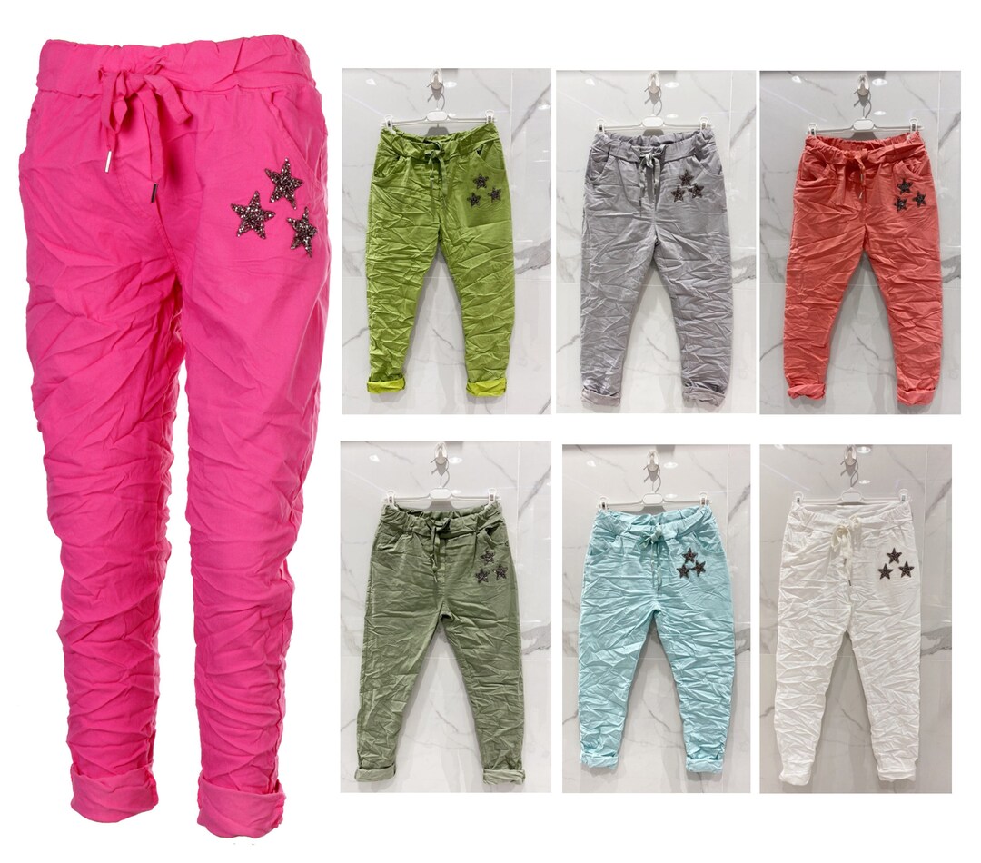 Italian Diamante Star Elasticated Magic Trousers Joggers, Ladies Magic ...
