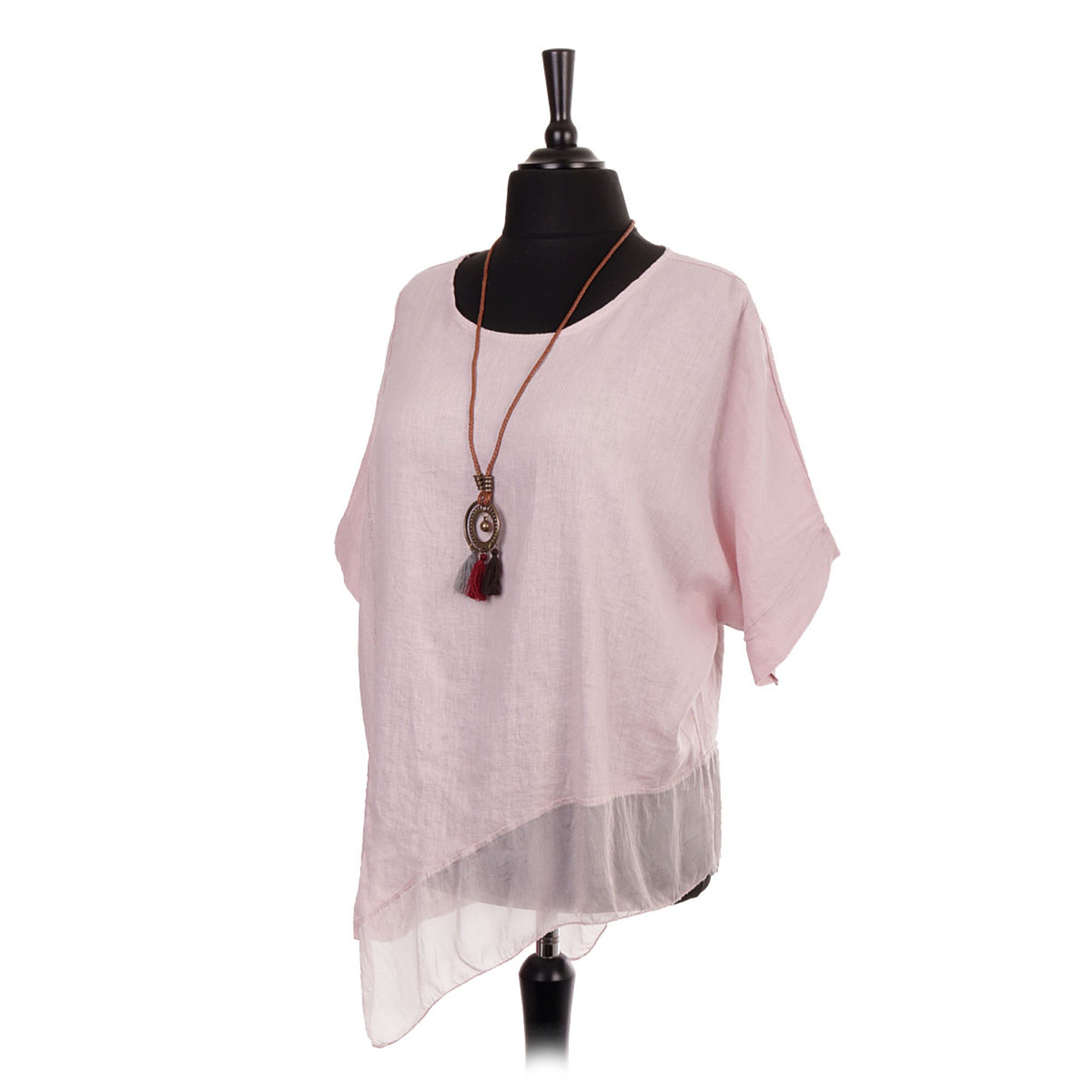 Plus Size Italian Linen Asymmetric Silk Hem Top With Necklace, Made in ...