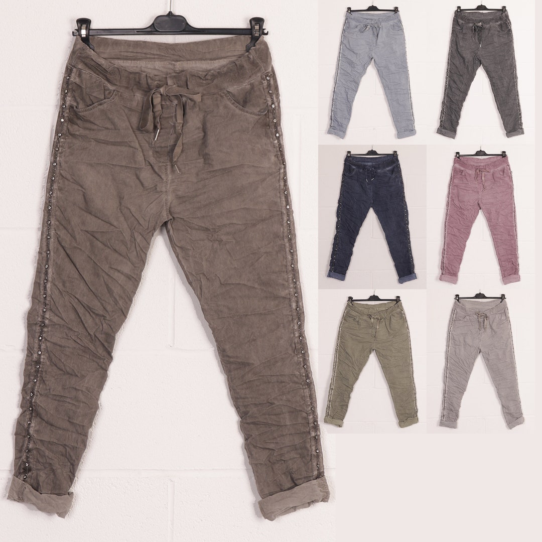 Italian Women Cold Dye Magic Stretch Joggers With Side Diamante Panel ...