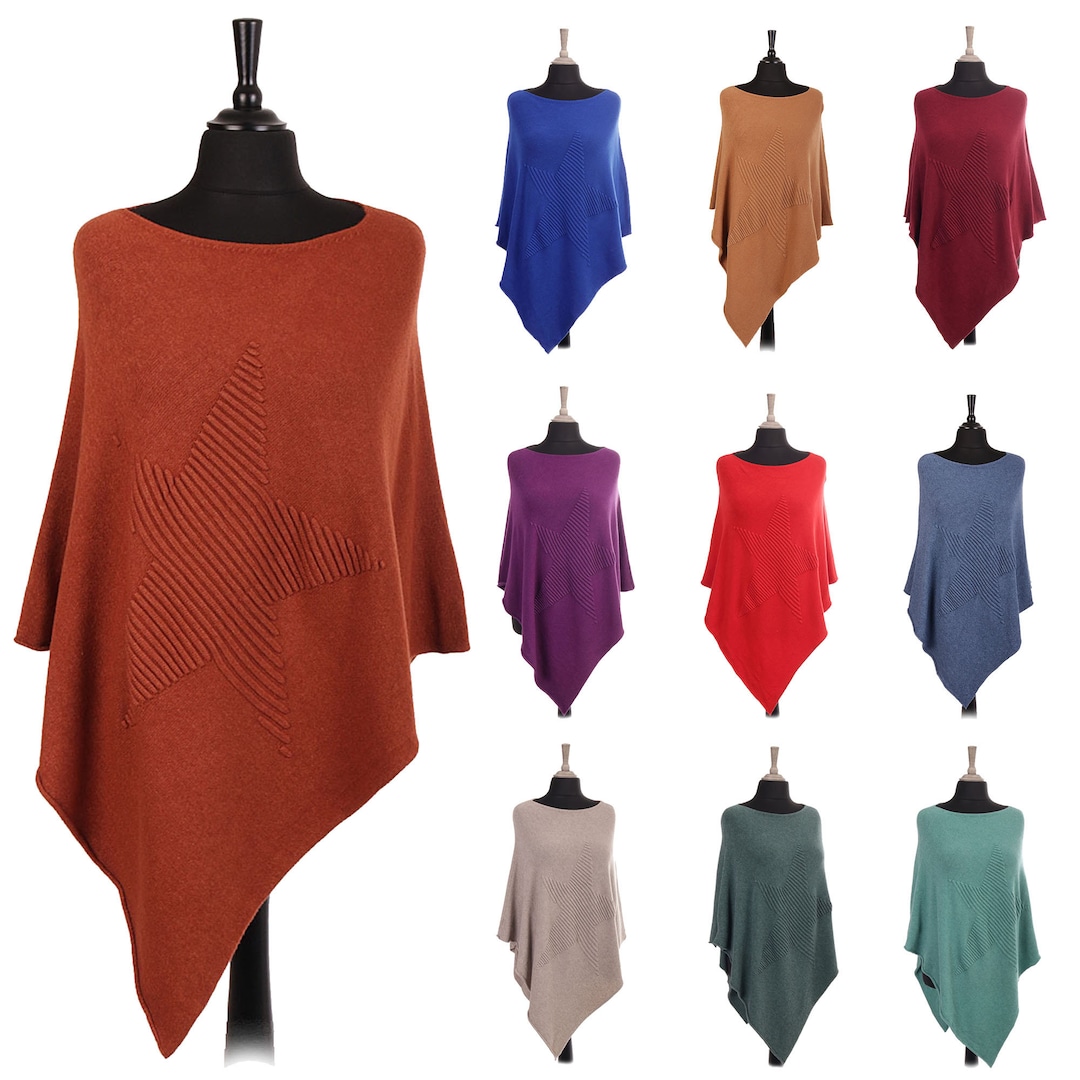 Women Italian Soft Knit Ribbed Star Poncho Cape Wrap Jumper Italian ...