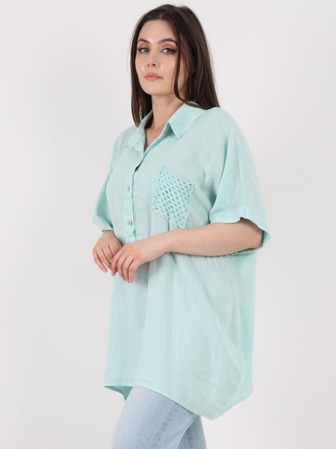 Italian Linen Blouse With Front Crochet Pocket, Linen Clothing - Etsy