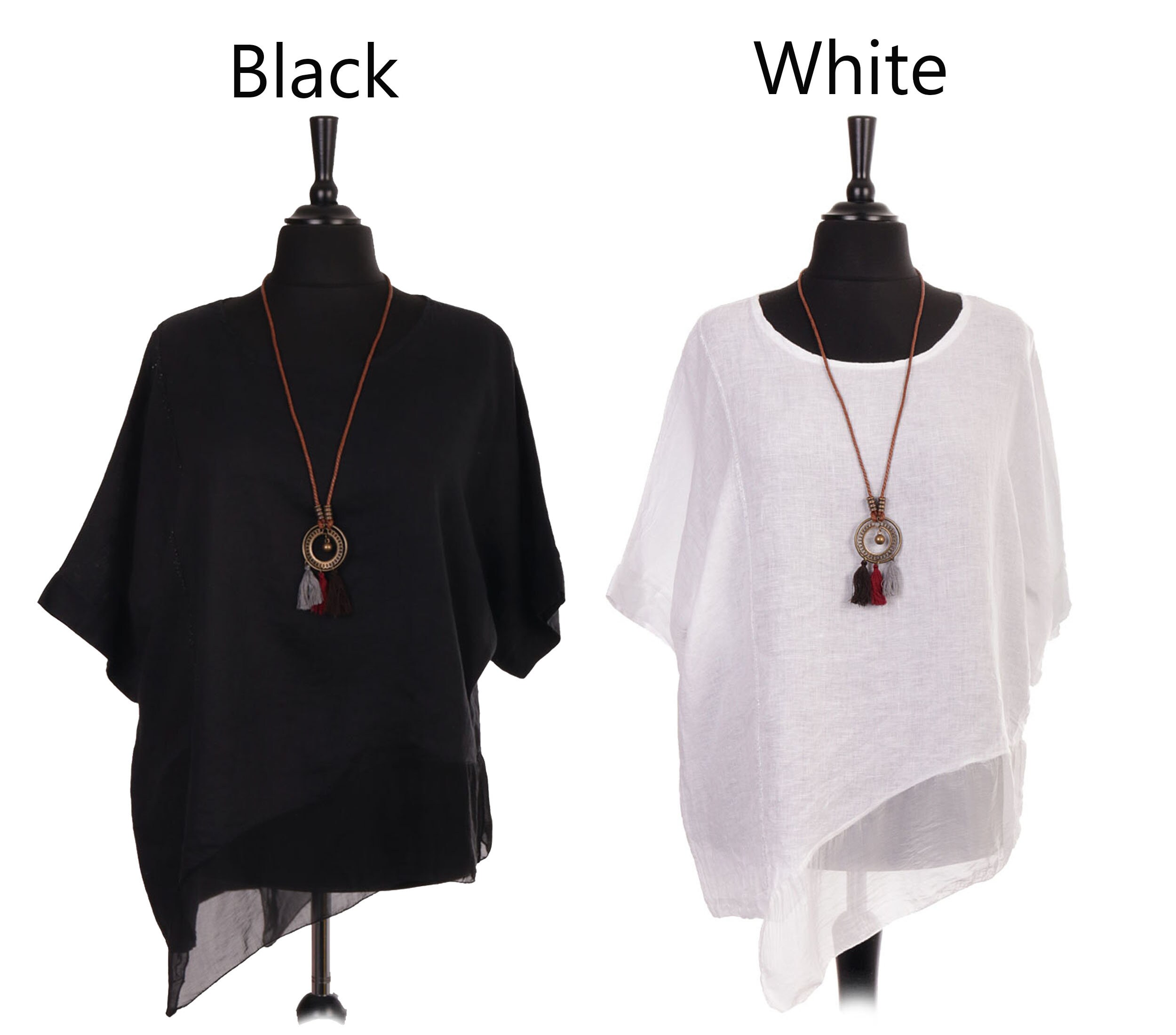 Plus Size Italian Linen Asymmetric Silk Hem Top With Necklace, Made in ...