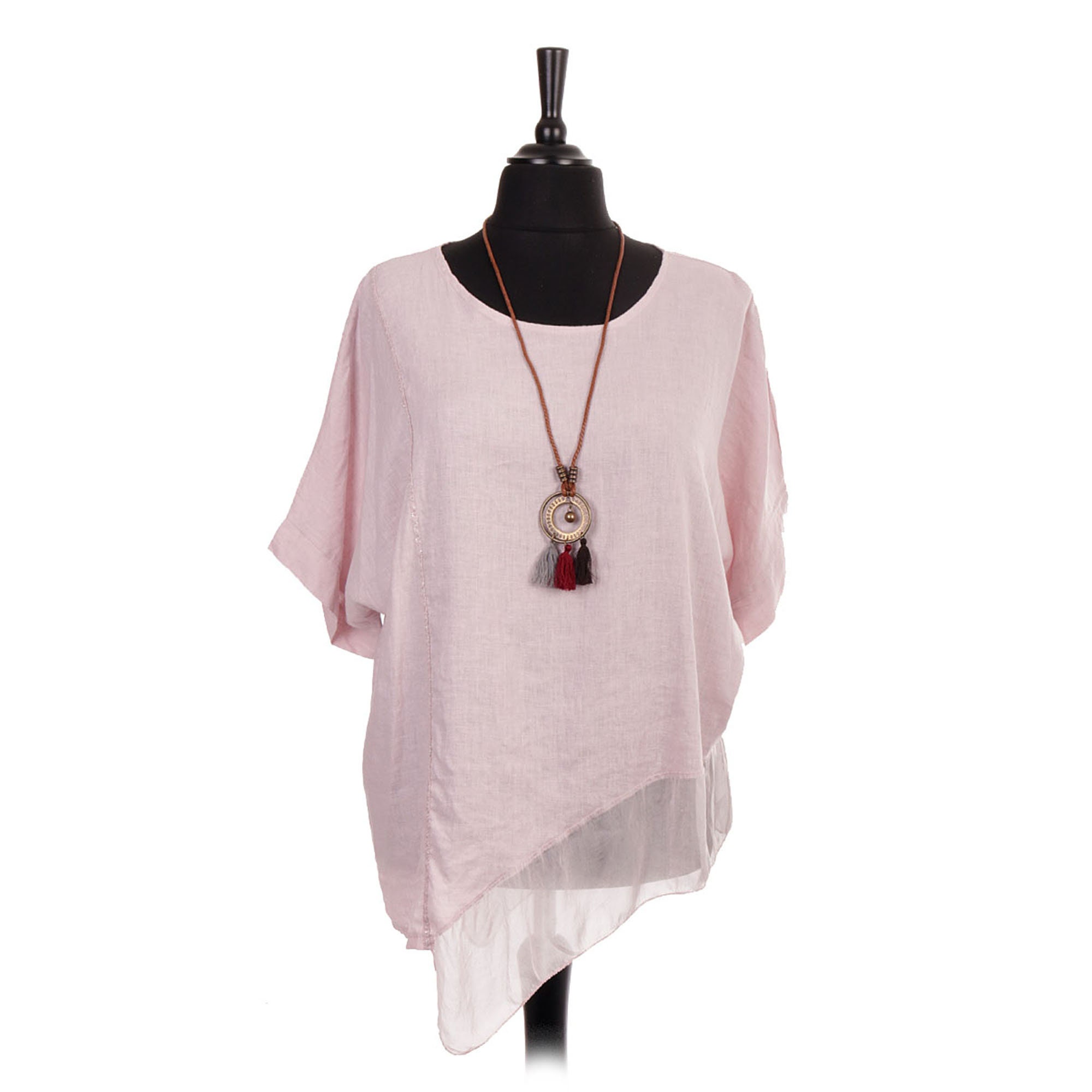 Plus Size Italian Linen Asymmetric Silk Hem Top With Necklace, Made in ...