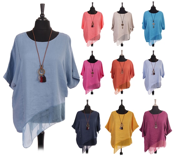 Plus Size Italian Linen Asymmetric Silk Hem Top With Necklace - Etsy