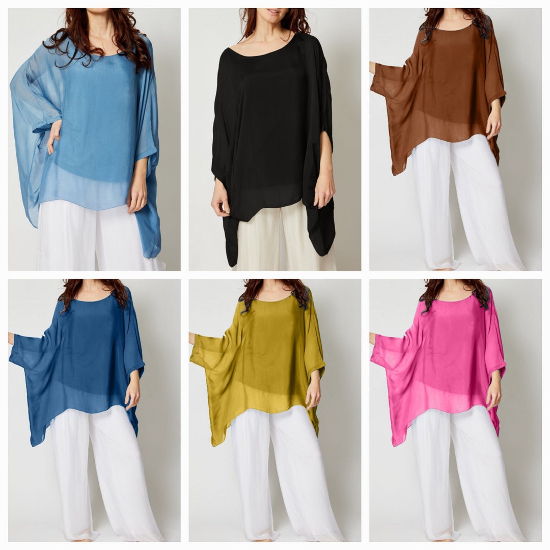 Women's Silk Ladies Italian Plain Batwing Tunic Lagenlook Blouses Top ...