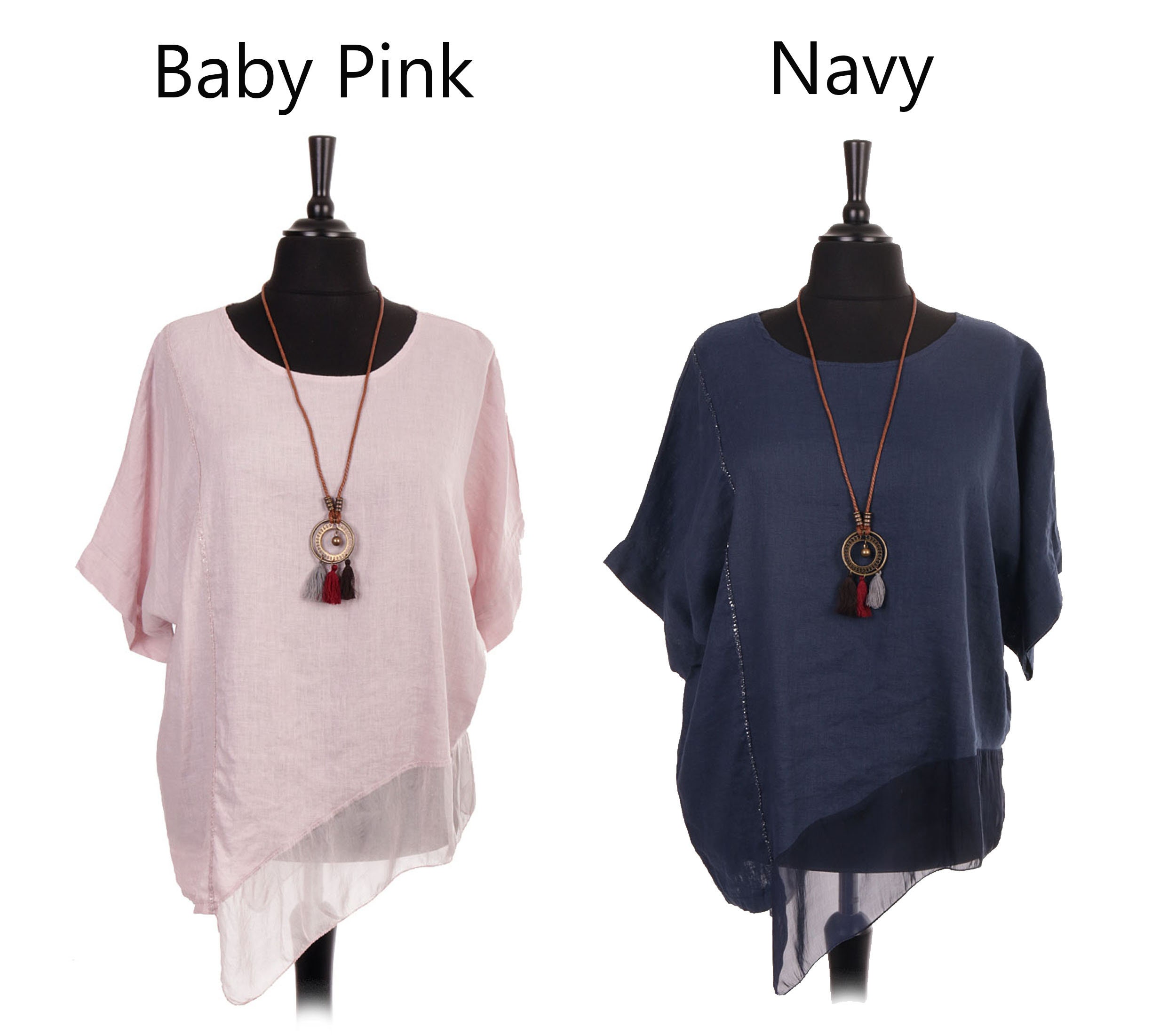 Plus Size Italian Linen Asymmetric Silk Hem Top With Necklace, Made in ...