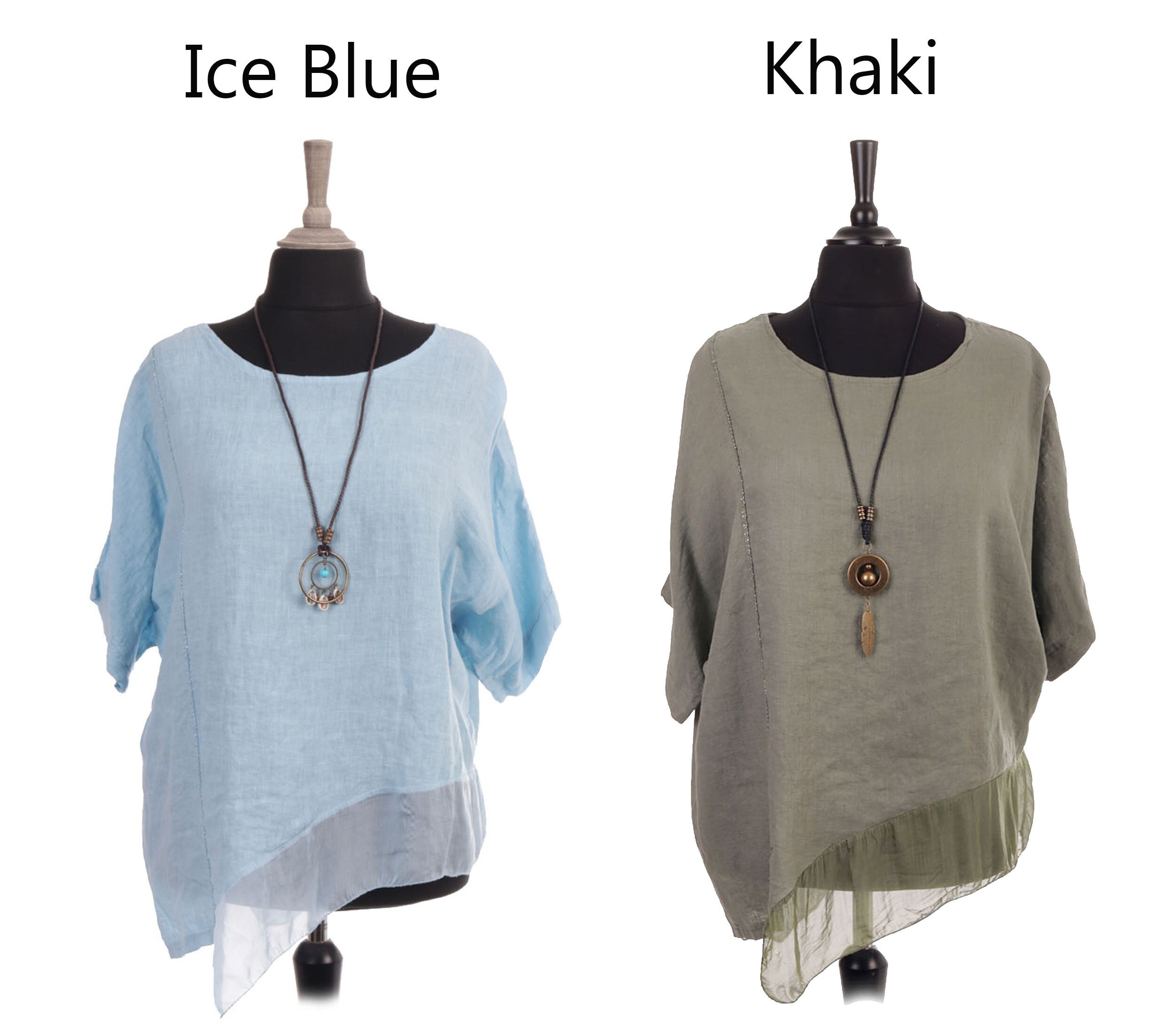 Plus Size Italian Linen Asymmetric Silk Hem Top With Necklace, Made in ...