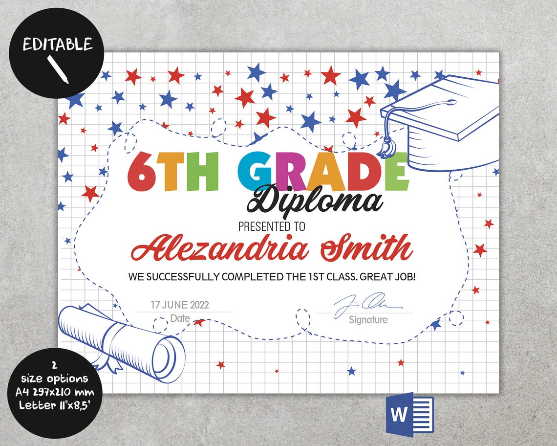 Editable 6th Grade Diploma Certificate for Students Kids | Etsy