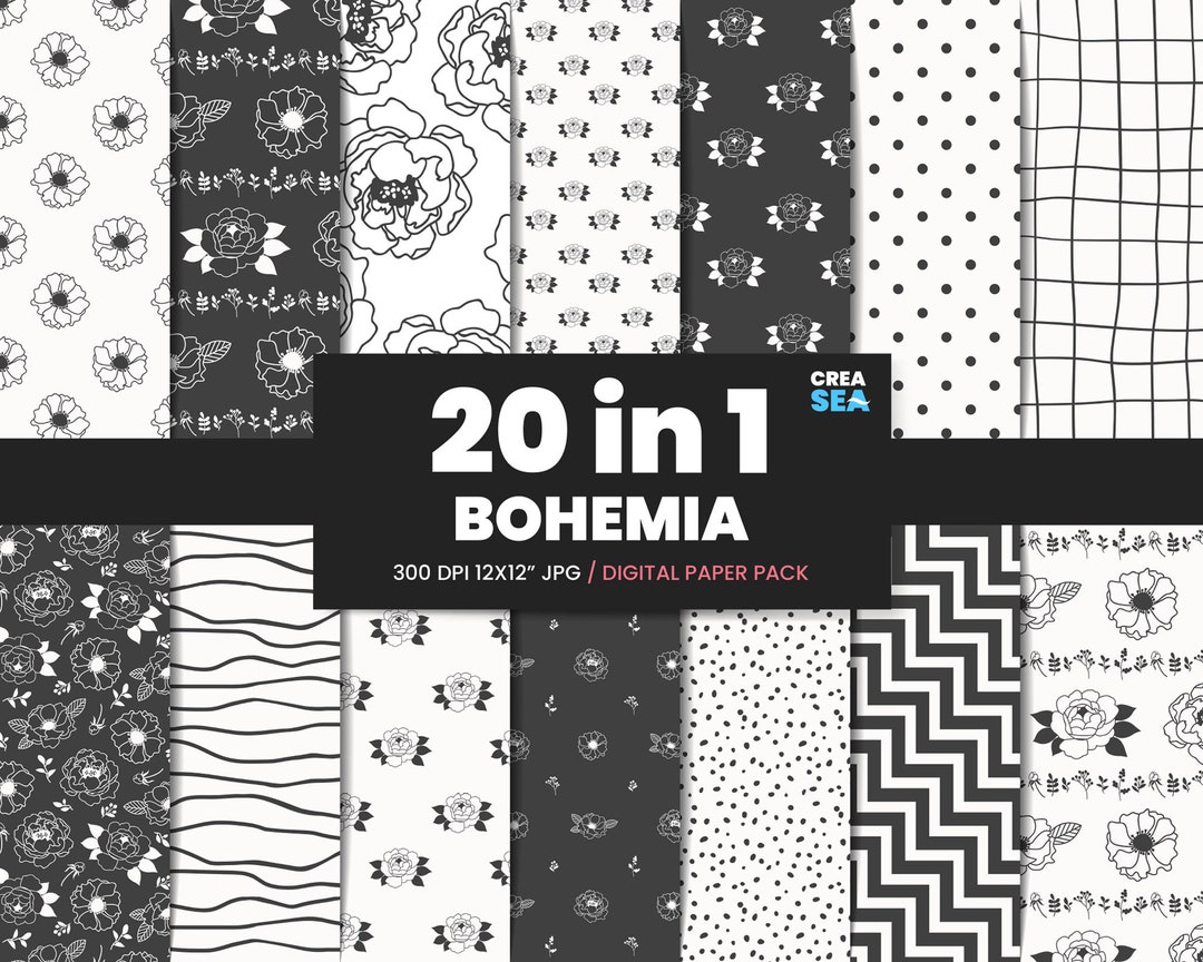 Black and White Floral Digital Paper - Monochrome Flower Seamless ...