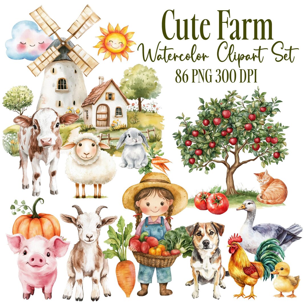 Cute Farm PNG Clip Art Big Collection, Happy Farm Animal Set, Pig, Cow ...