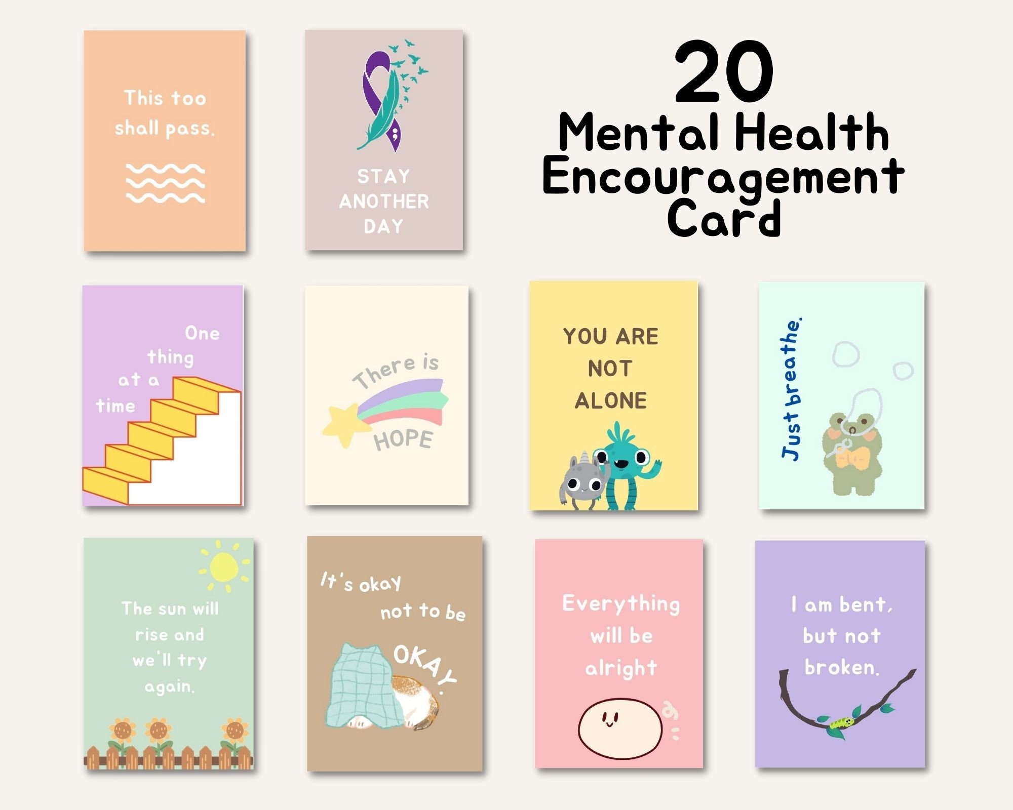 20 Mental Health Encouragement Cards, Positive Affirmation Cute Message ...