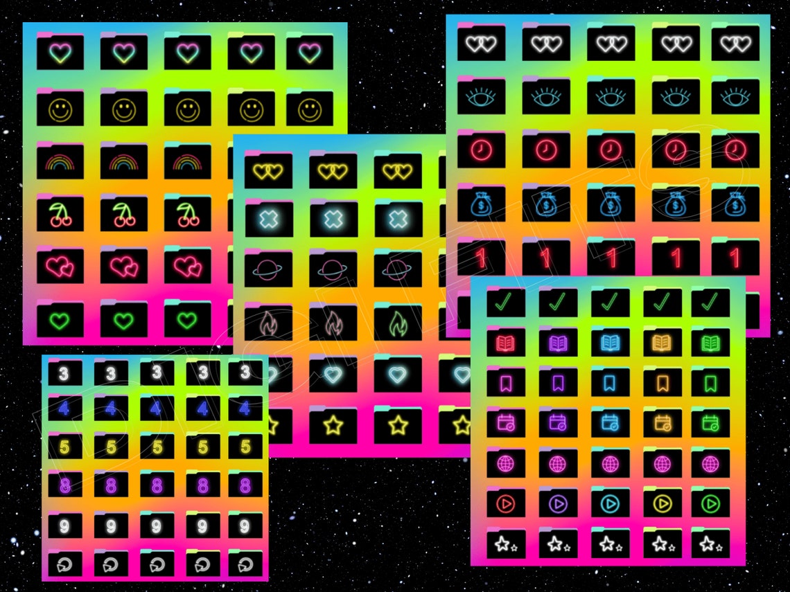 150 Desktop Icon Set Black Folder Icons for Mac + Windows | Neon Lights ...