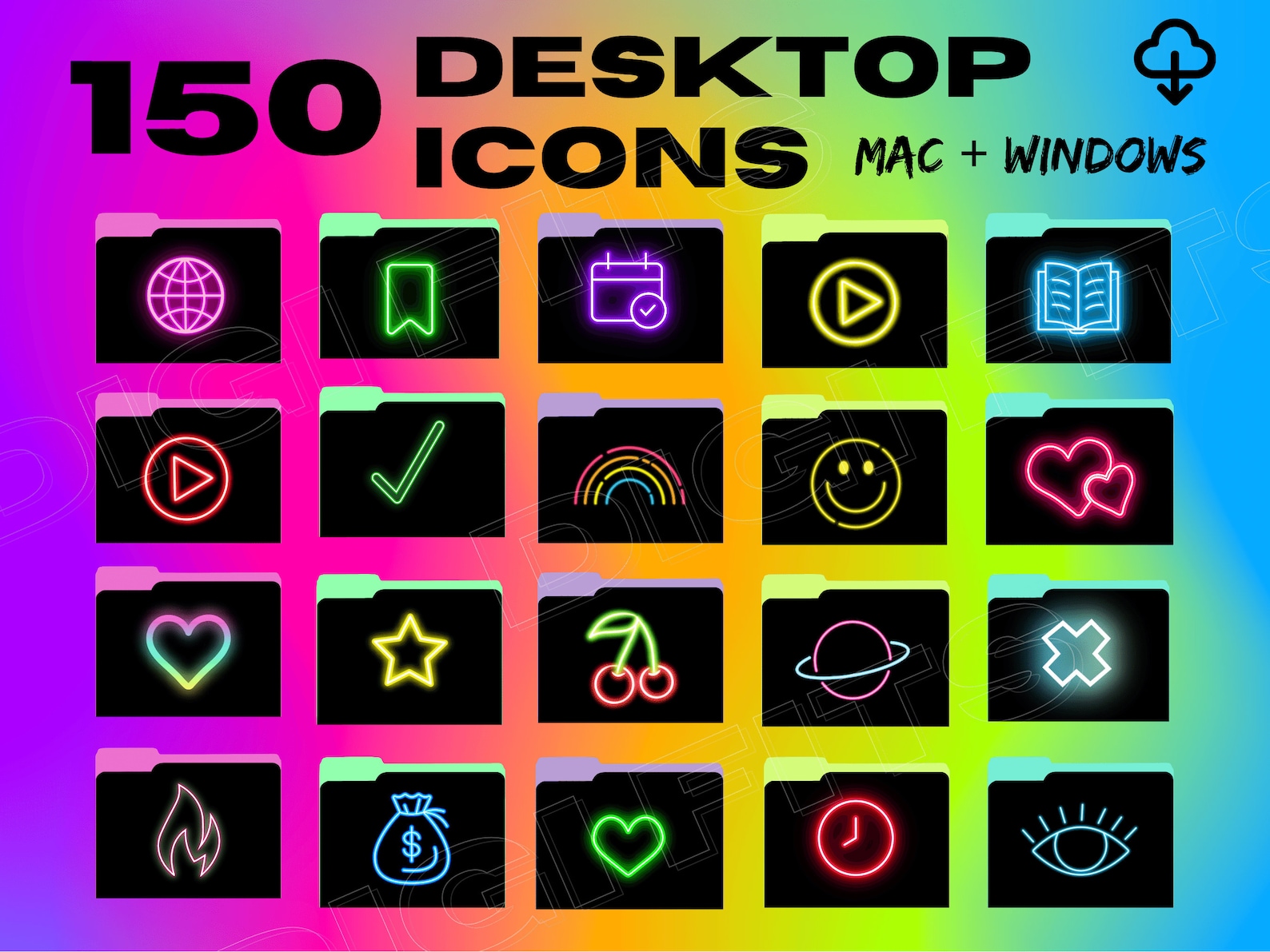 150 Desktop Icon Set Black Folder Icons for Mac + Windows | Neon Lights ...