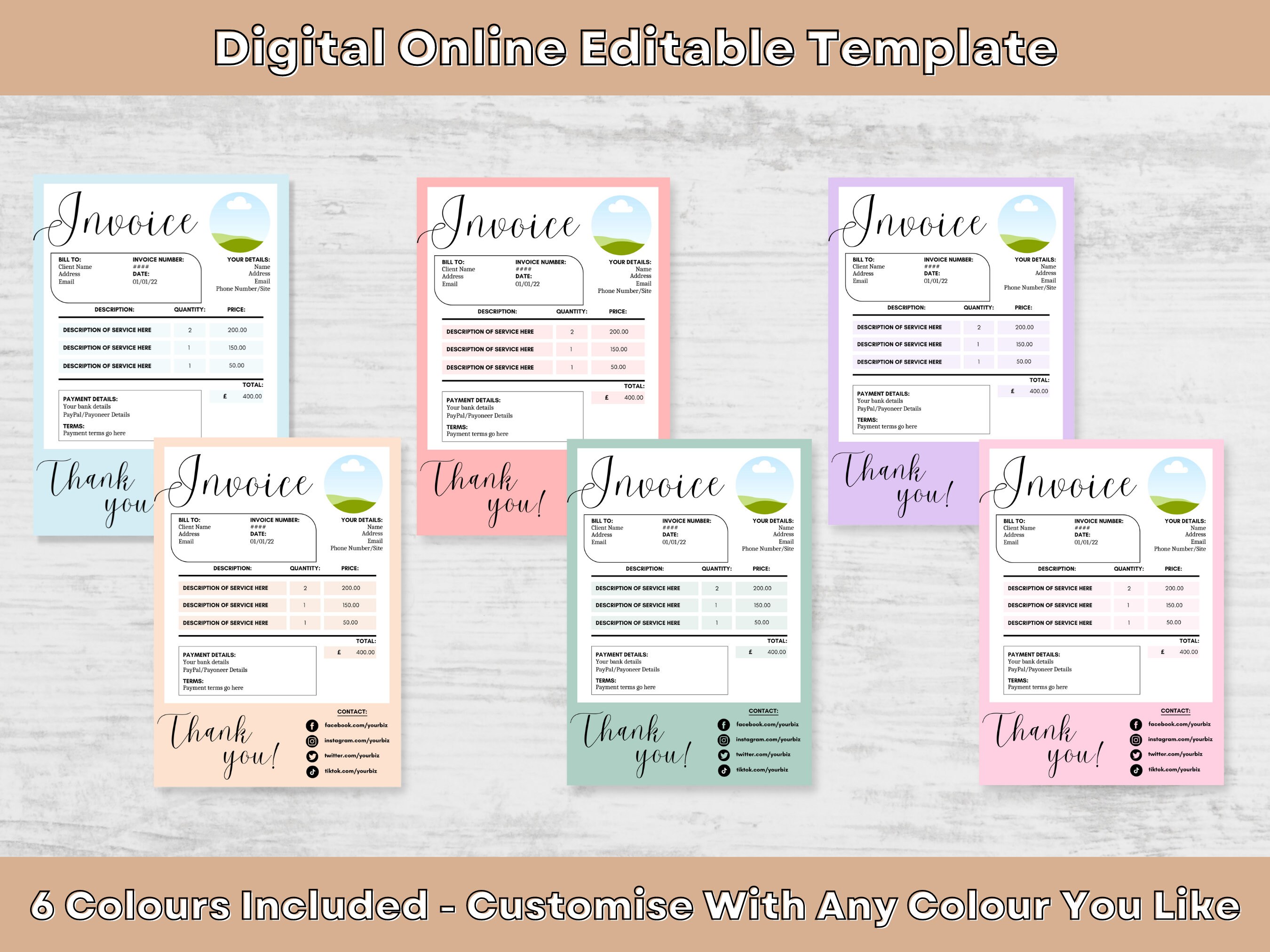 Set of 6 Calligraphy Invoice Templates - 6 Premade Colours - Canva ...