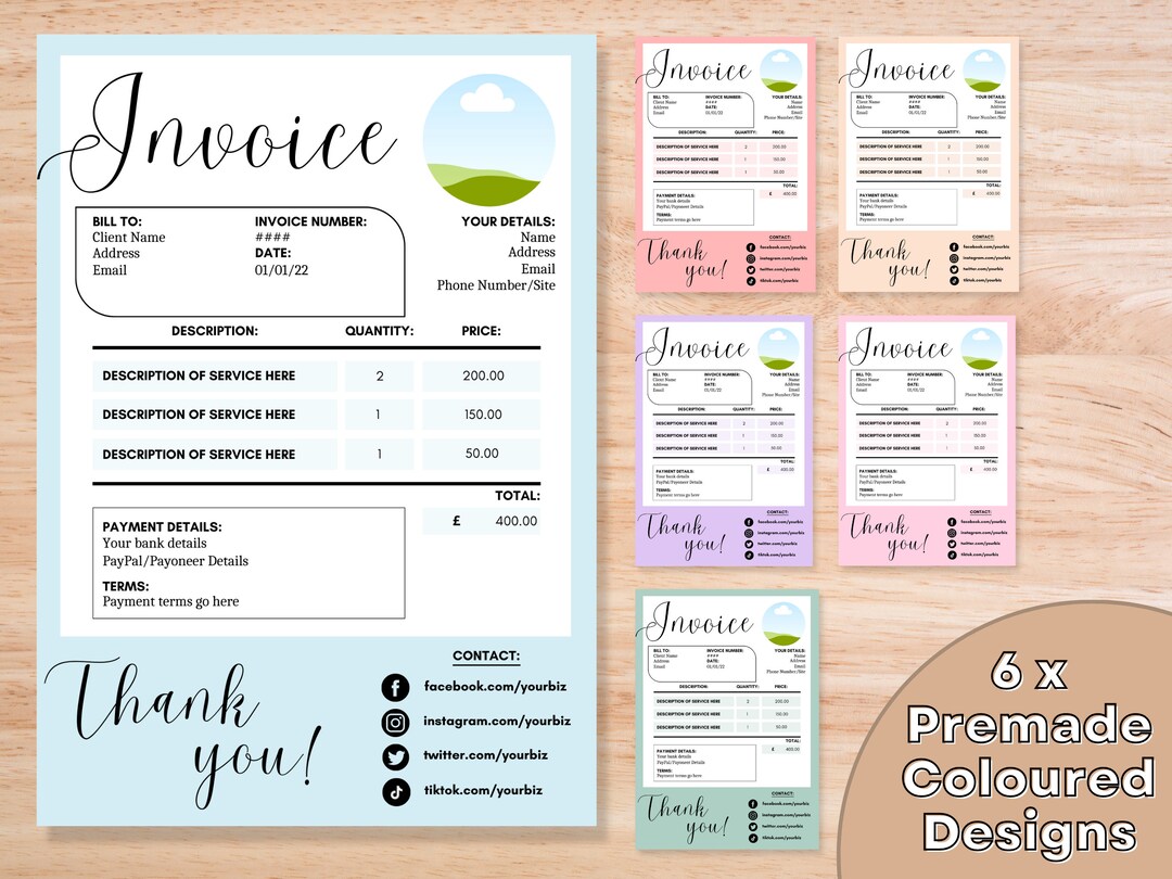 Set of 6 Calligraphy Invoice Templates - 6 Premade Colours - Canva ...