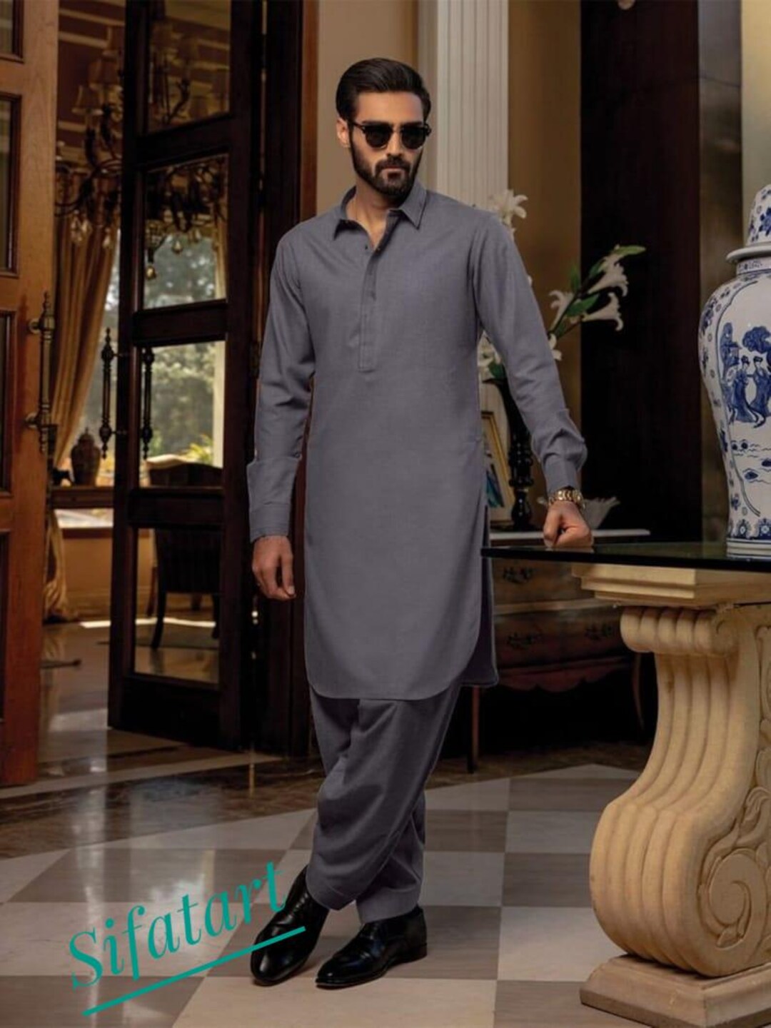 Men's Handmade Gray Pathani Salwar Kameez, Pakistani Kurta Pajama Set ...