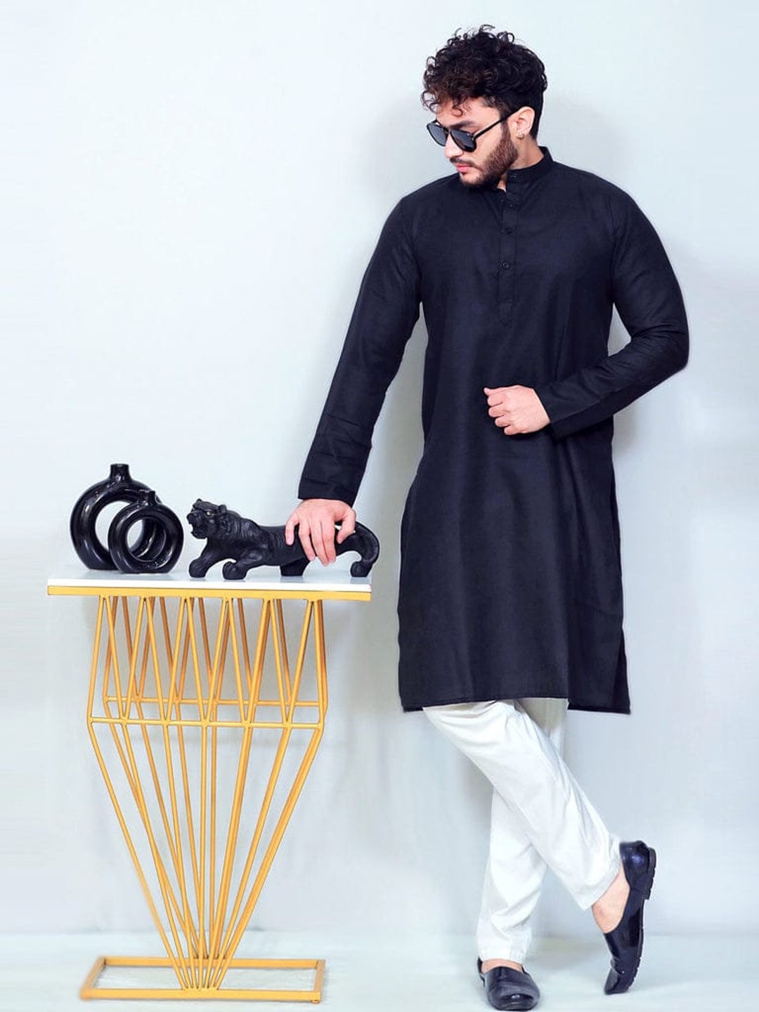 Men's Kurta Solid Black Color Kurta Pajama Set, Vintage Kurta Men's ...