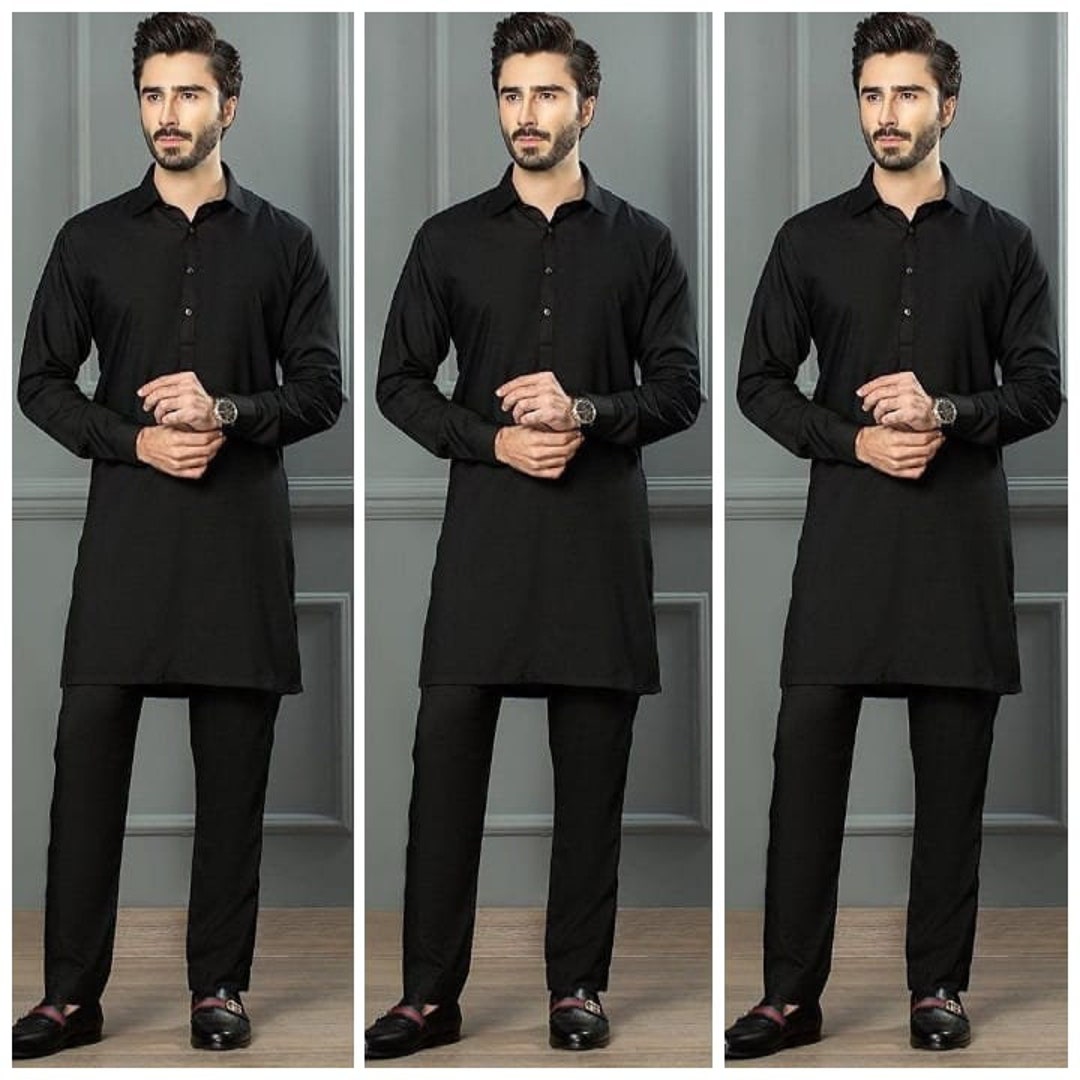 Men's Kurta Solid Black Color Kurta Pajama Set ,summer Kurta Men's ...