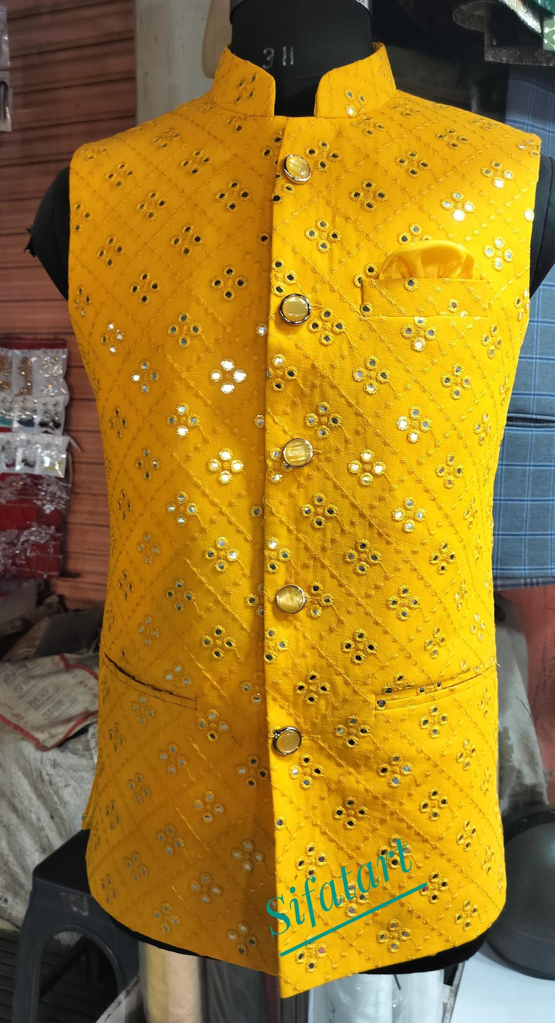 Yellow Nehru Jacket, Mens Indian Jacket for Wedding, Georgette ...