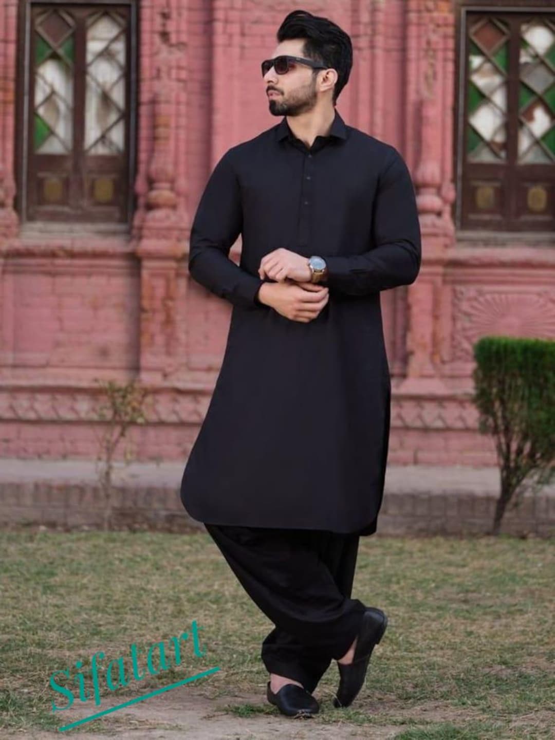 Men's Handmade Black Cotton Pathani Suit: Indian Wedding Salwar Kameez ...