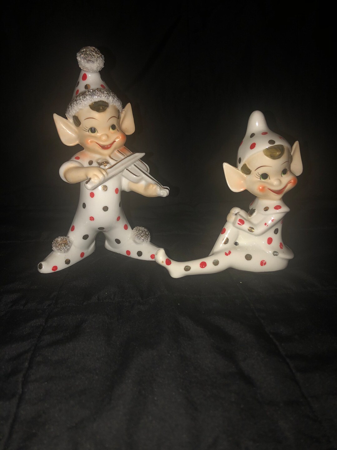 Pair of Ceramic Vintage Polka Dot Elves With Spaghetti Trim - Etsy