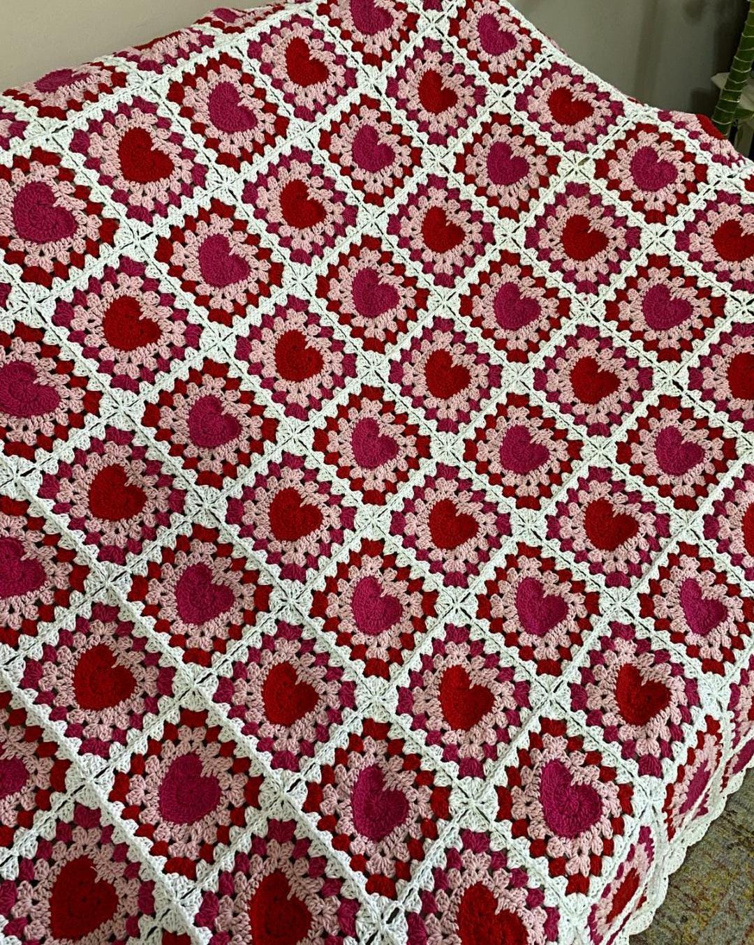 Crochet Pink and Red Heart Blanket,handmade Afghan,knit Soft Bedspread ...