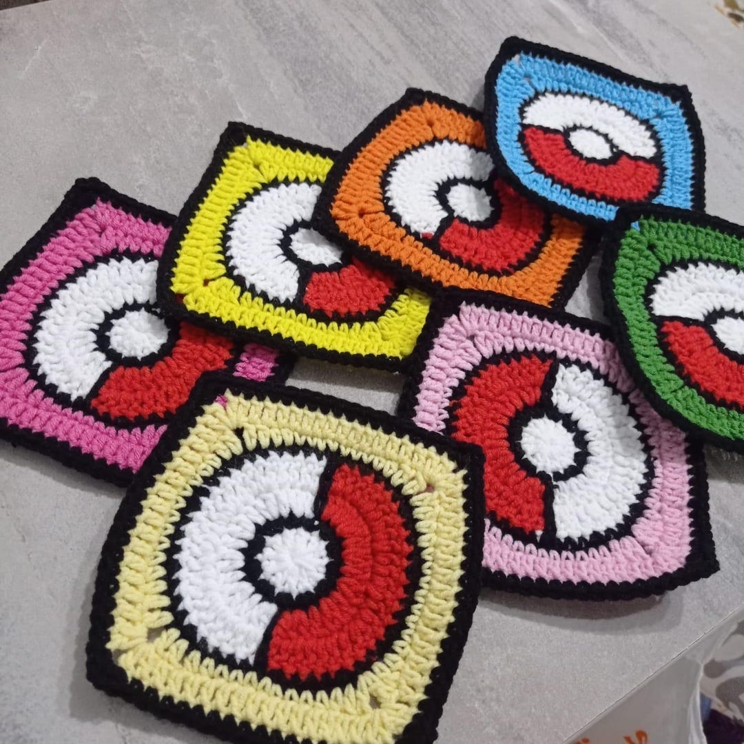 Crochet Pokeball, Handmade Granny Square Motif Set, Crochet Motif ...