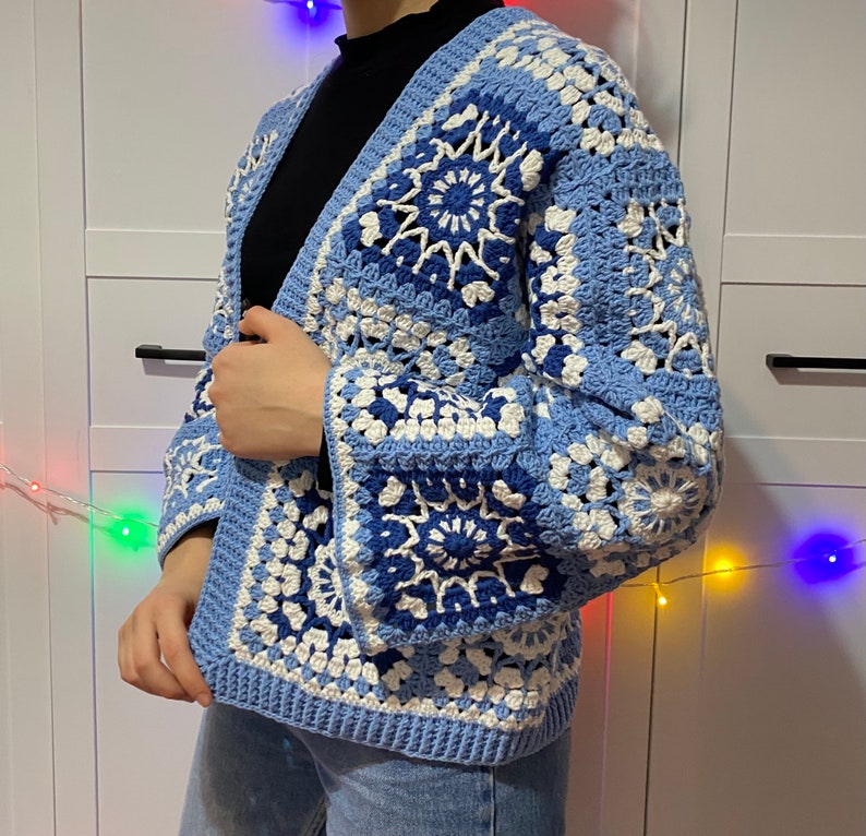 Crochet Mediterranean Summer Blue Mosaic Cardigan, Knitted Colorful ...