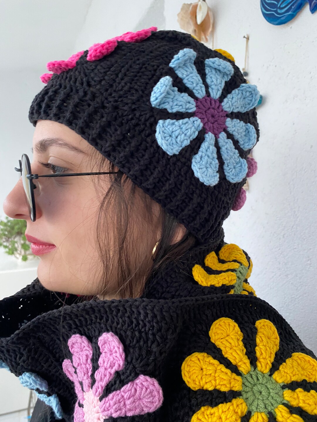 Crochet Daisy Hat, Crocheted Flower Beret,winter Hat,boho Festival Hat ...