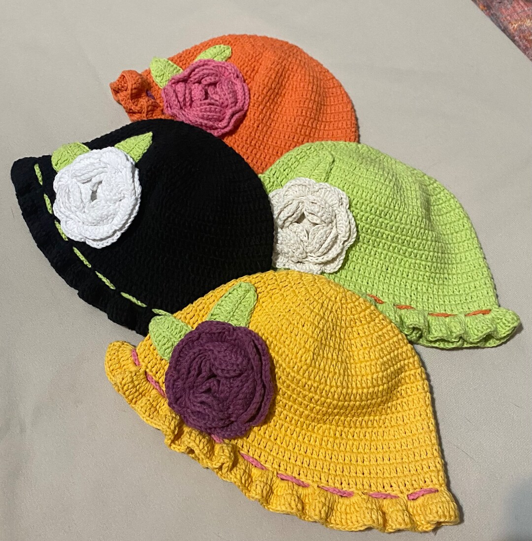 Crochet Rose Hat, Crocheted Rose Bucket Hat, Winter Hat, Boho Festival ...