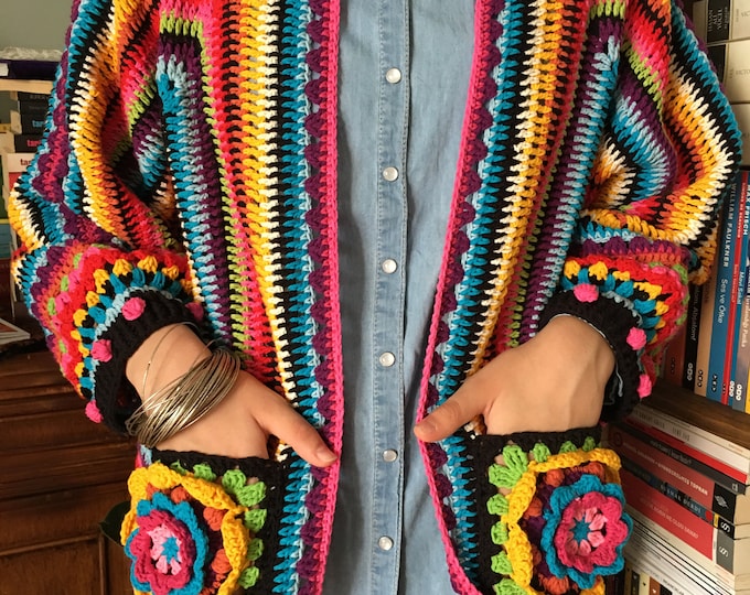 Crochet Jumbo Rose Cardigan, Colorful Granny Square Cardigan, Crochet ...