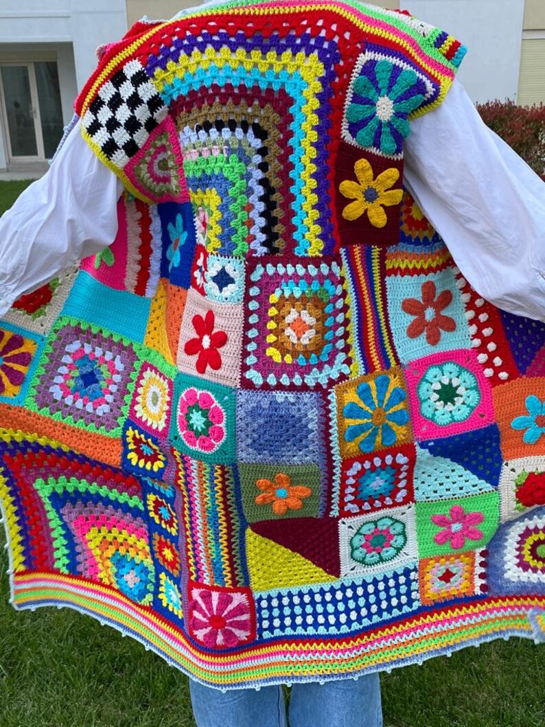 Crochet Long Granny Square Patchwork Vest, Knit Colorful Daisy ...
