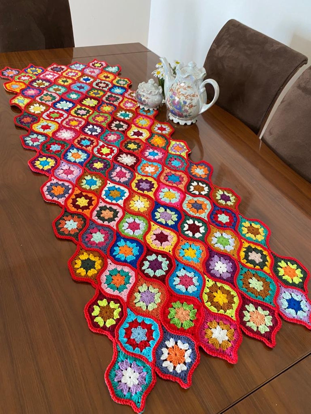 Crochet Red Granny Square Runner, Crocheted Afghan Tablecloth,knit ...