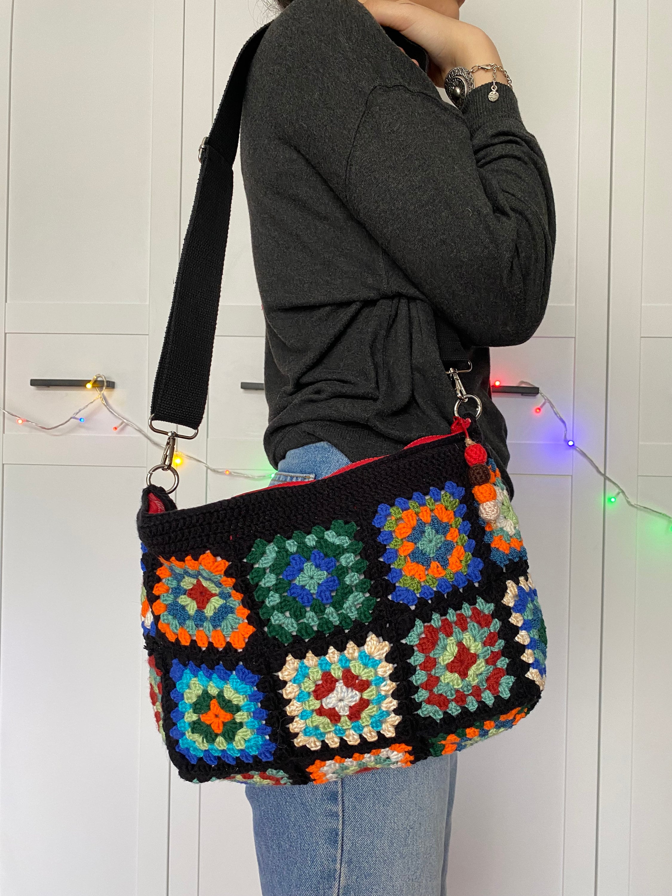 Crocheted Red Granny Square Shoulder Bag Multicolor Crochet - Etsy