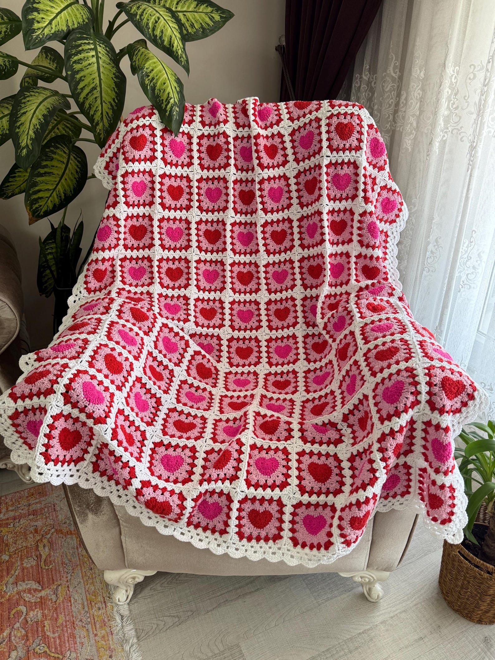Crochet Pink and Red Heart Blanket,handmade Afghan,knit Soft Bedspread ...