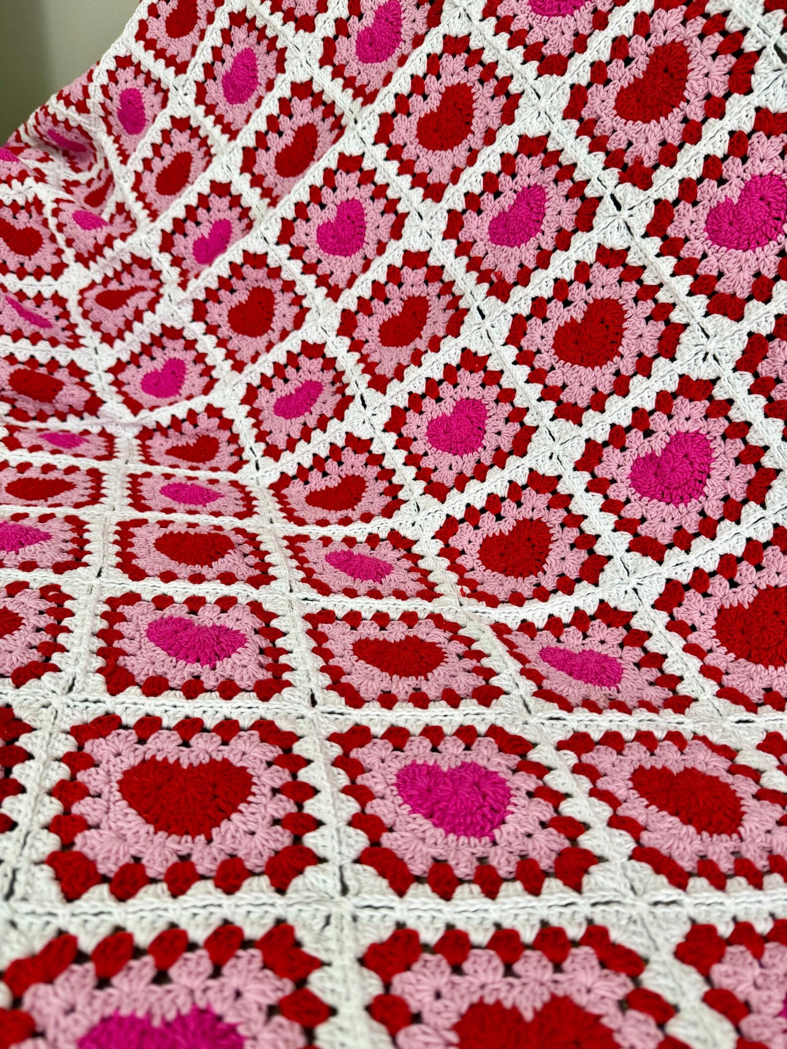 Crochet Pink and Red Heart Blanket,handmade Afghan,knit Soft Bedspread ...