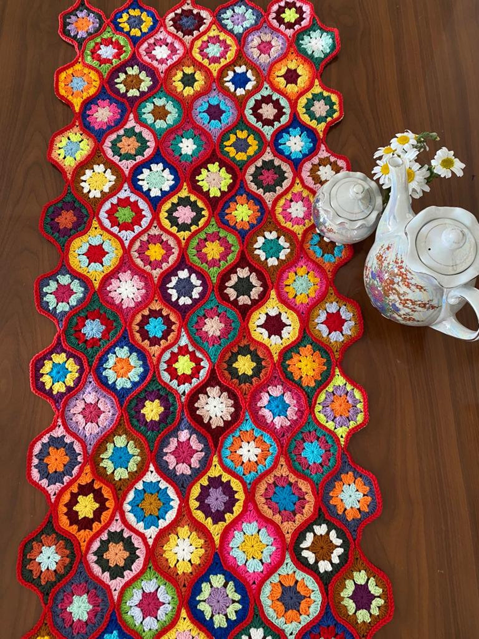 Crochet Red Granny Square Runner, Crocheted Afghan Tablecloth,knit ...
