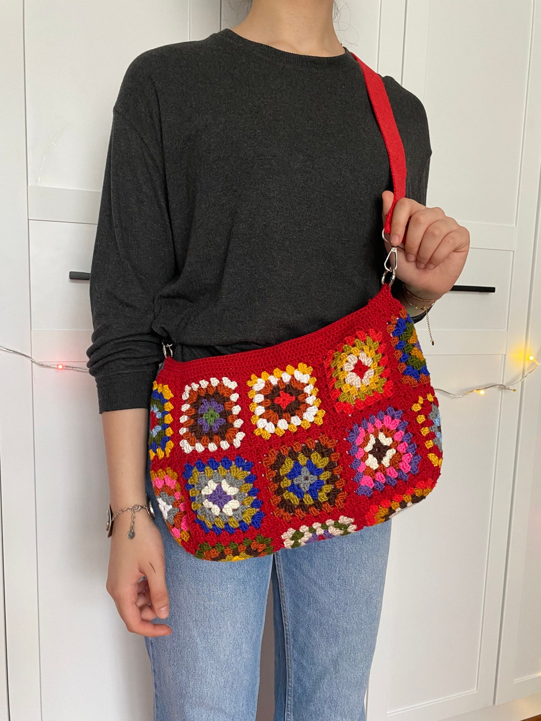 Crocheted Red Granny Square Shoulder Bag, Multicolor Crochet Purse ...